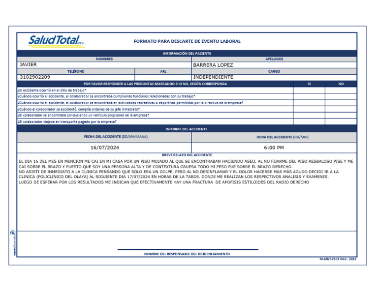M-Gint-F103 Formato para Descarte de Evento Laboral | PDF