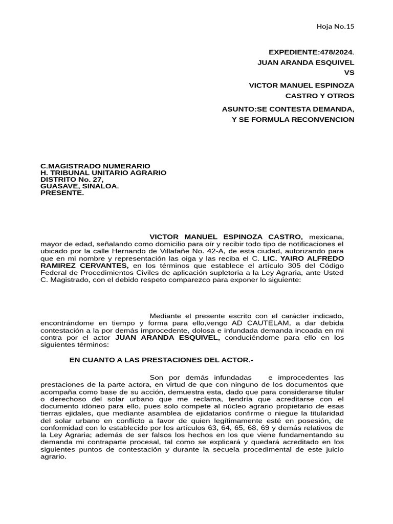 Contestación de Demanda Agraria | PDF | Caso de ley | Demanda judicial