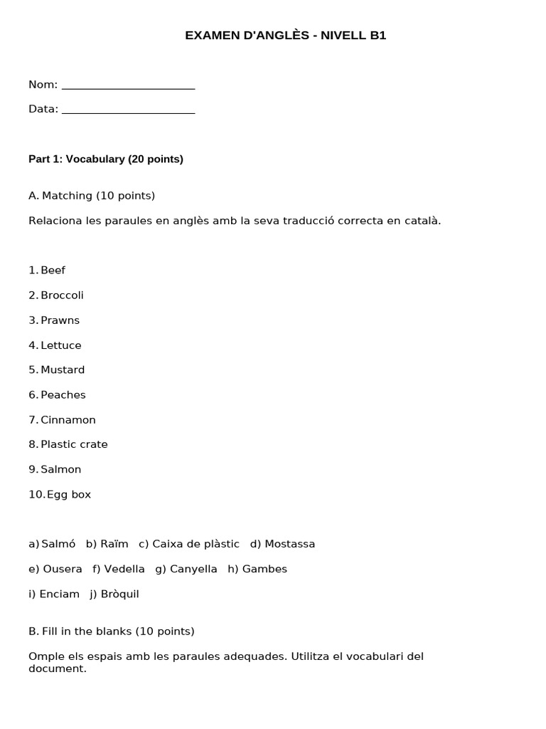 Examen Angles B1 | PDF | Foods | Cooking