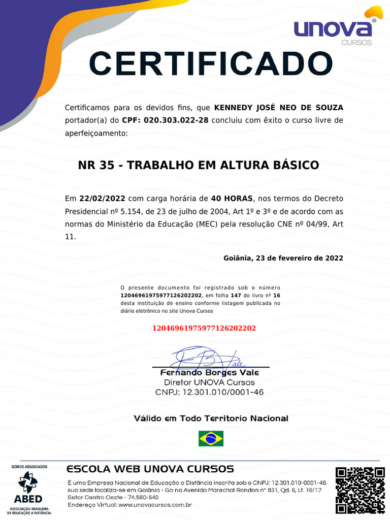 Certificado - Nr 35 - Trabalho Em Altura Básico | PDF