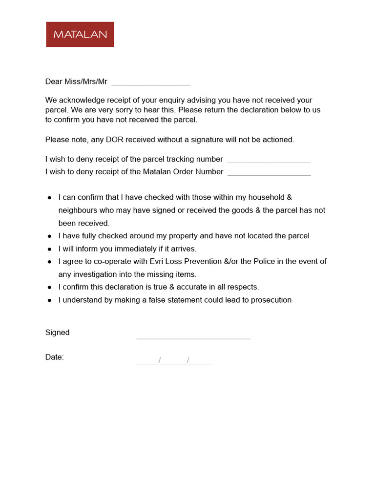 Denial of Receipt Declaration Form | PDF