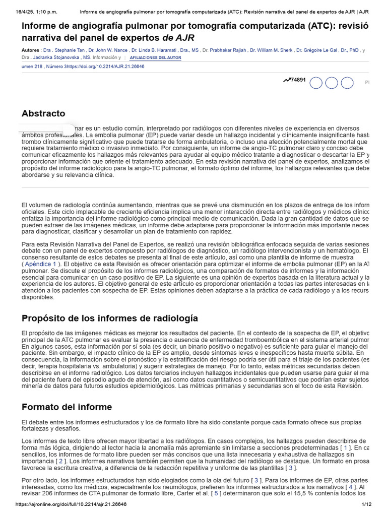 Informe de angiografía pulmonar por tomografía computarizada (ATC)_ Revisión narrativa del panel ...