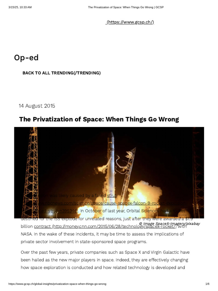 The Privatization of Space When Things Go Wrong - GCSP | PDF | Nasa ...