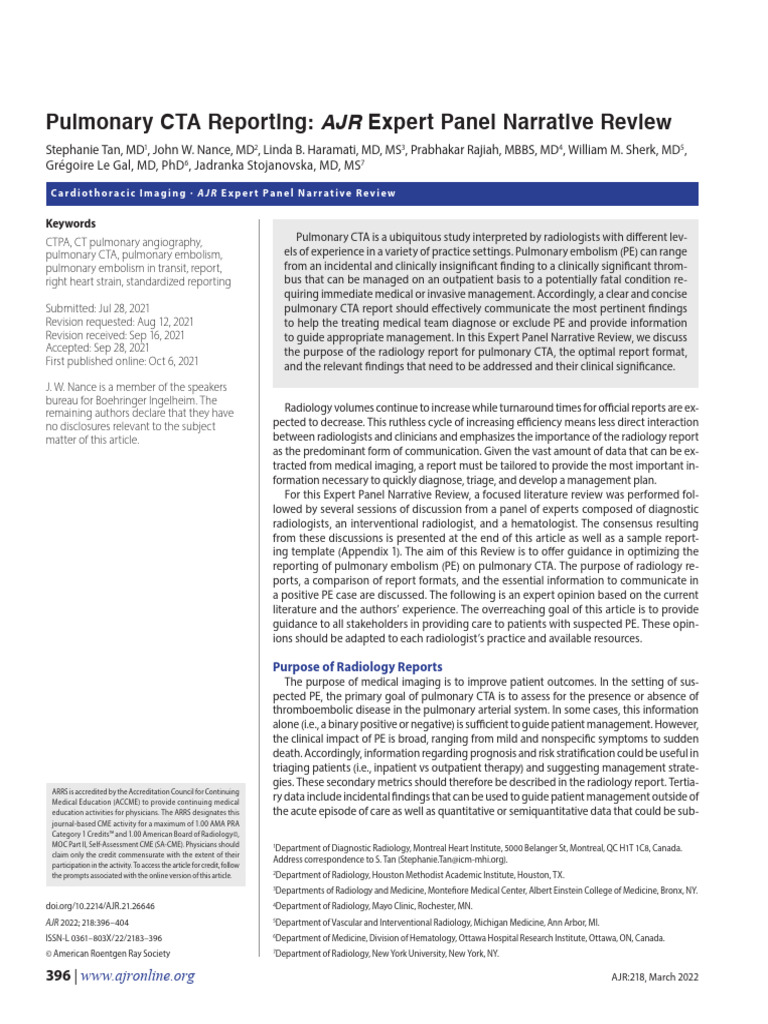 Tan Et Al 2021 Pulmonary Cta Reporting Ajr Expert Panel Narrative ...