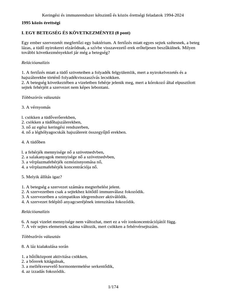 Keringesi Es Immunrendszer Ketszintu Es Kozos Erettsegi Feladatok 1994 2024 | PDF