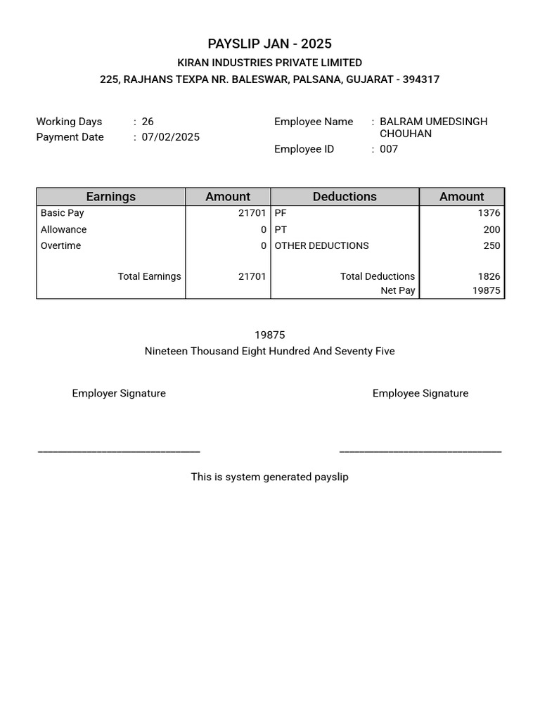 Kiran Industries January 2025 Payslip | PDF