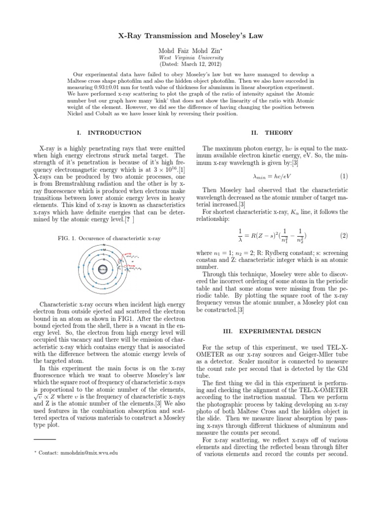 X-Ray Transmission and Moseley's Law | PDF | X Ray | Electron