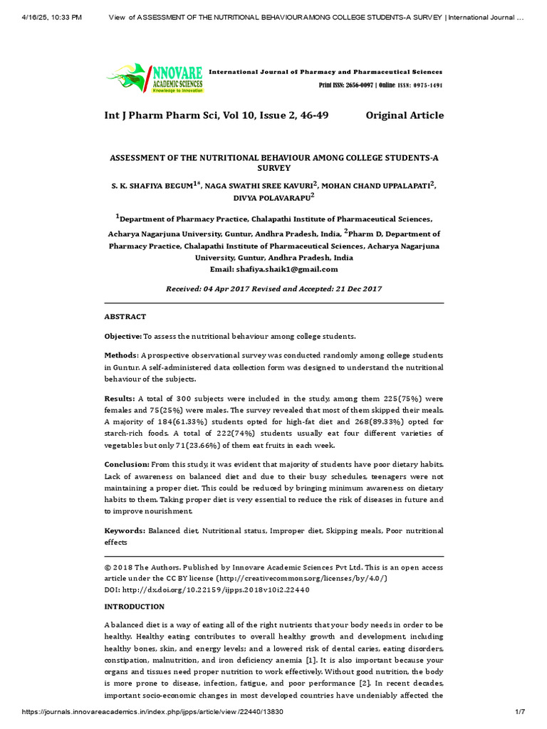 Nutritional Behavior Survey of College Students | PDF | Dietary Fiber ...