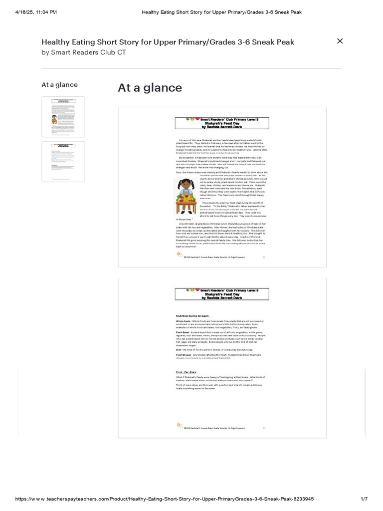 Healthy Eating Short Story For Upper Primary - Grades 3-6 Sneak Peak | PDF