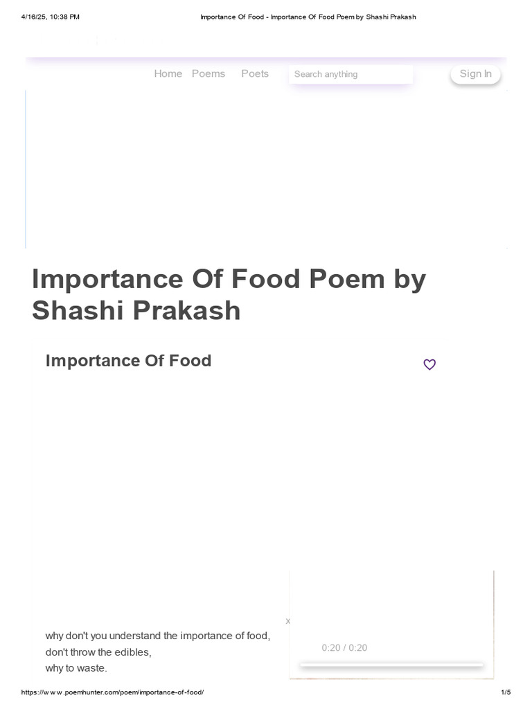 Importance of Food - Importance of Food Poem by Shashi Prakash | PDF