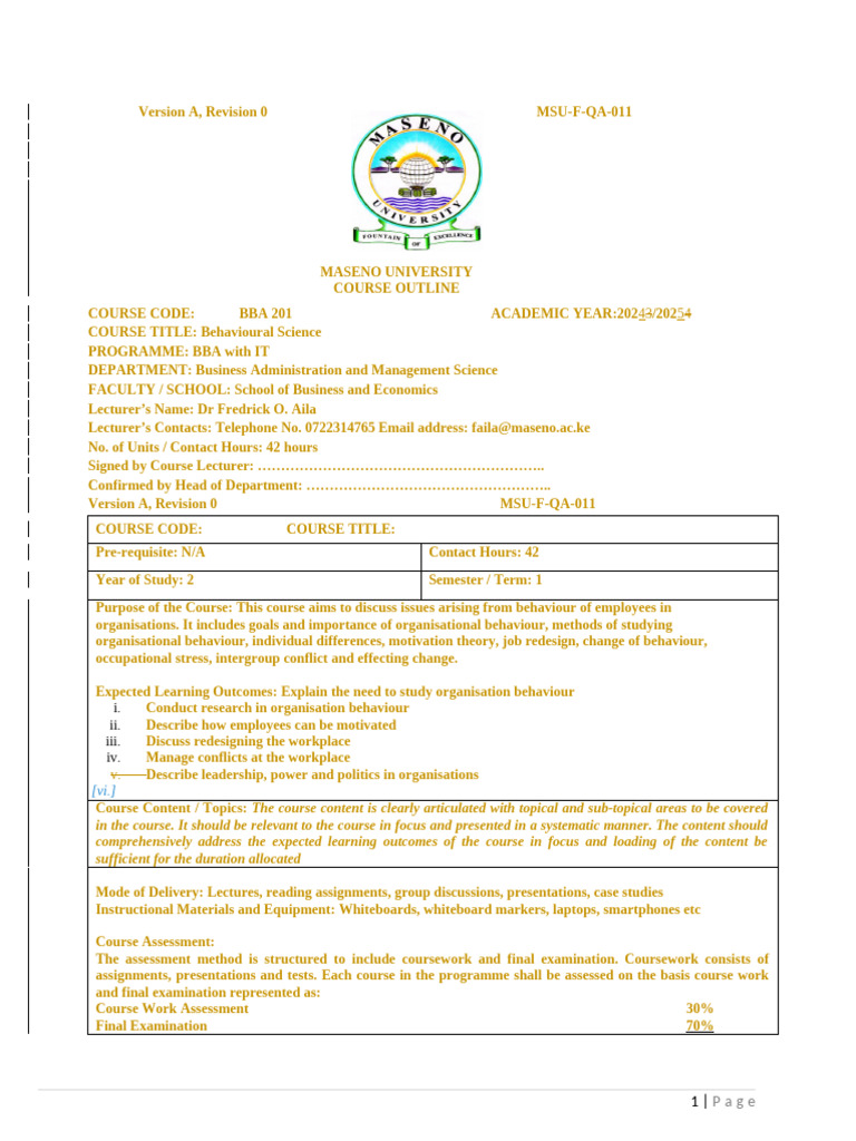 BBA201 CourseOutline 2024 2025 | PDF | Motivational | Motivation