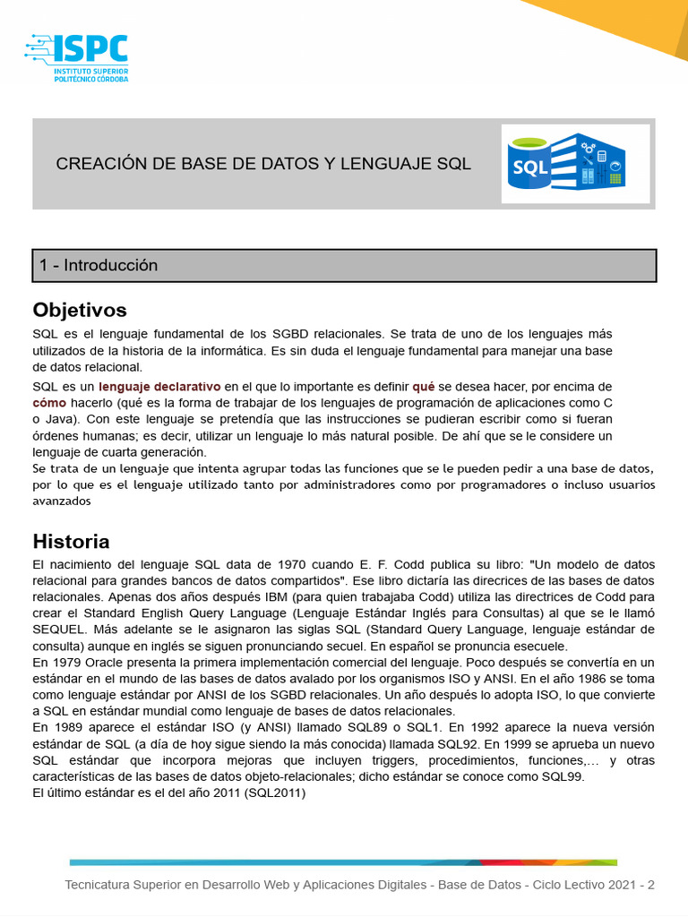 ISPC - Base de Datos - Introducción A SQL y DDL | PDF | SQL | Ciencias de la Información
