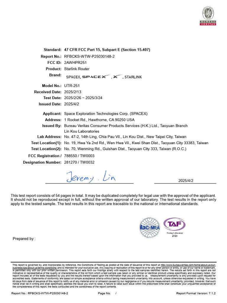 Starlink UTR-251 Test Report Summary | PDF | Ieee 802.11 | Bandwidth ...