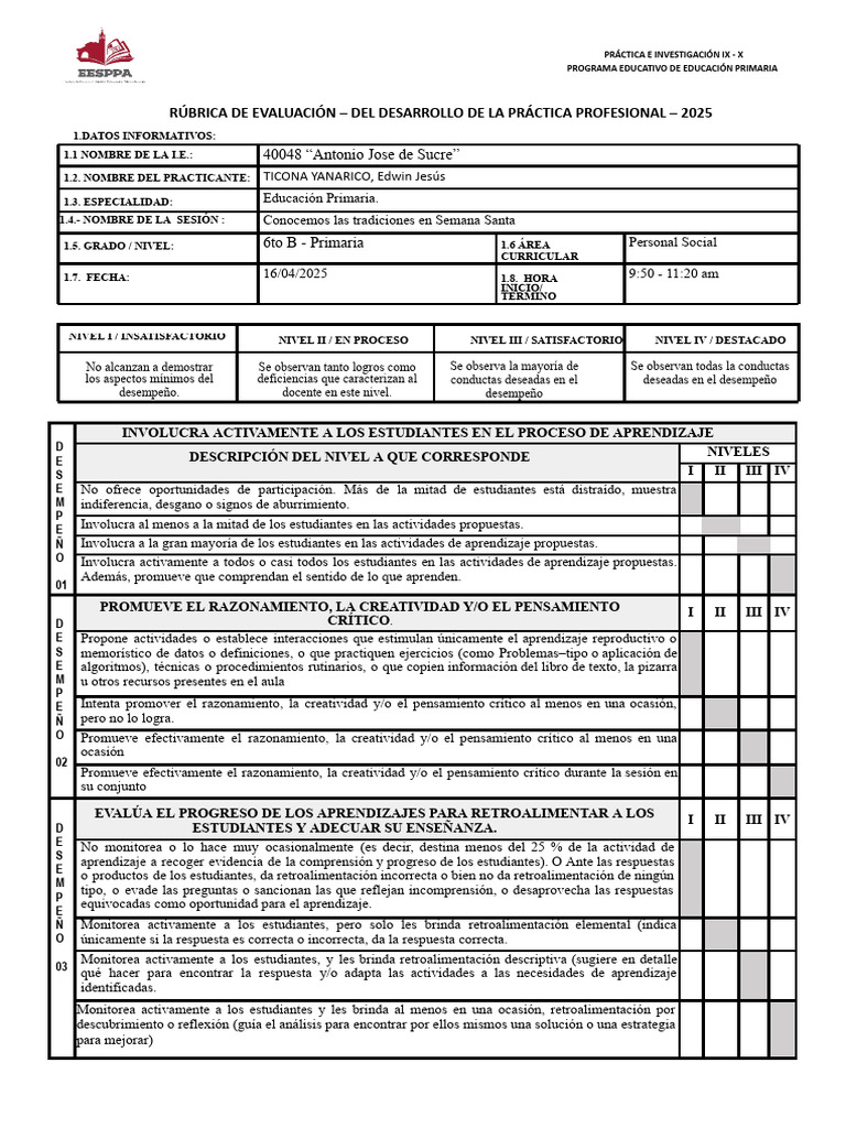 04 - Ficha de Observación Al Desempeño Del Estudiante 2025 | PDF | Creatividad | Salón de clases