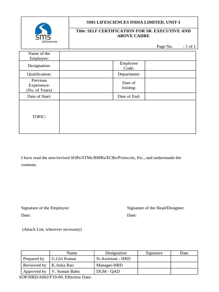 SOPHRDA002F12-09-Self Certification | PDF