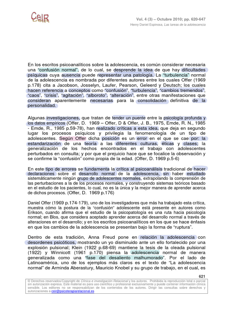 TAREAS DE LA ADOLESCENCIA. Daniel Espinoza | PDF | Psicoanálisis | Psicoterapia
