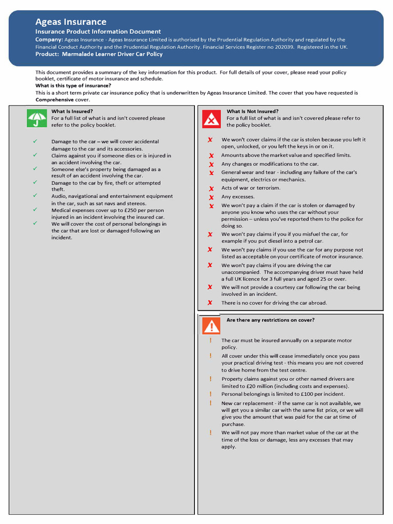Ipid Comp Learner Driver Ageas v3 | PDF | Vehicle Insurance | Transport