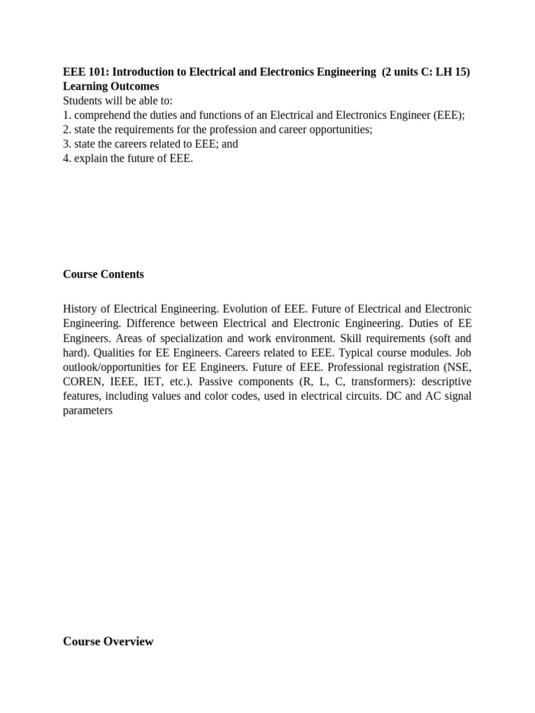 Updated EEE 101 Course Synopses | PDF | Electrical Engineering | Inductor