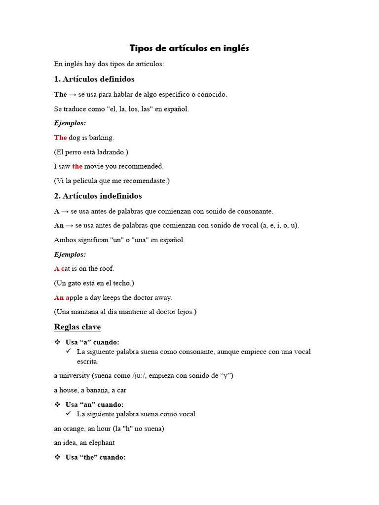 Tipos de artículos en inglés: a, an, the | PDF