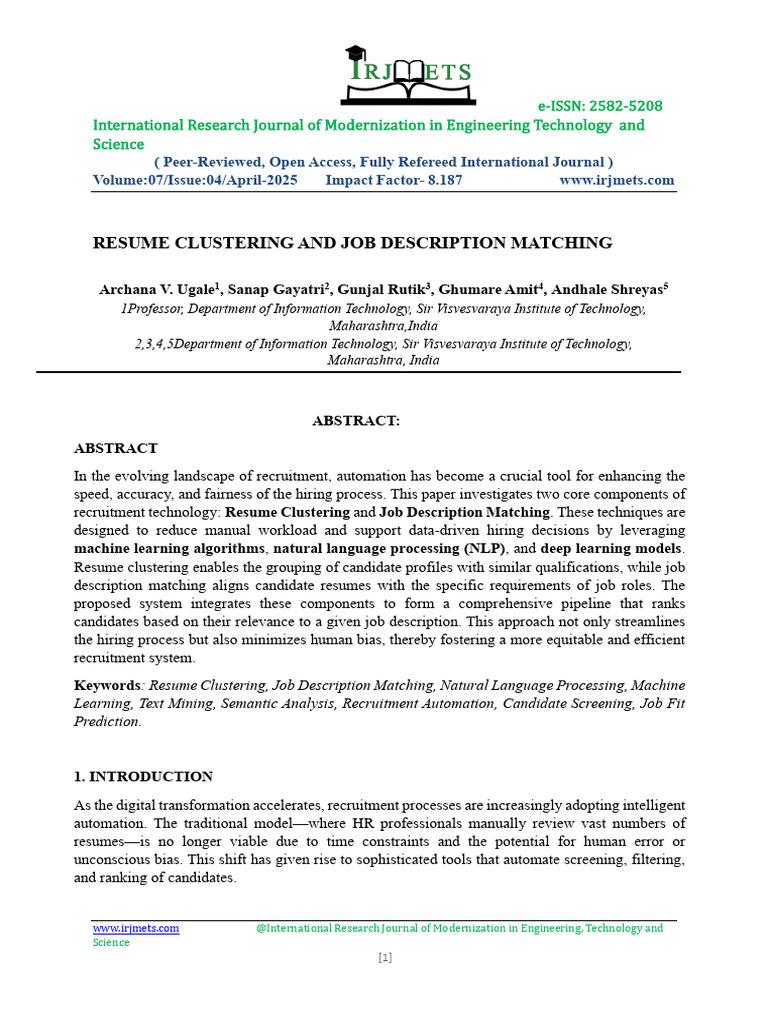 Resume Clustering and Job Description Matching | PDF | Cluster Analysis ...