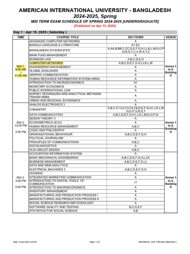 Revised Mid Term Exam Schedule of Spring 2024 2025 (Undergraduate) - (Apr - 15) | PDF | Social ...
