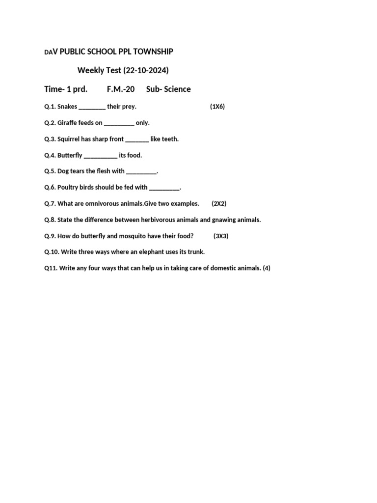 DAV Public School Science Weekly Test | PDF