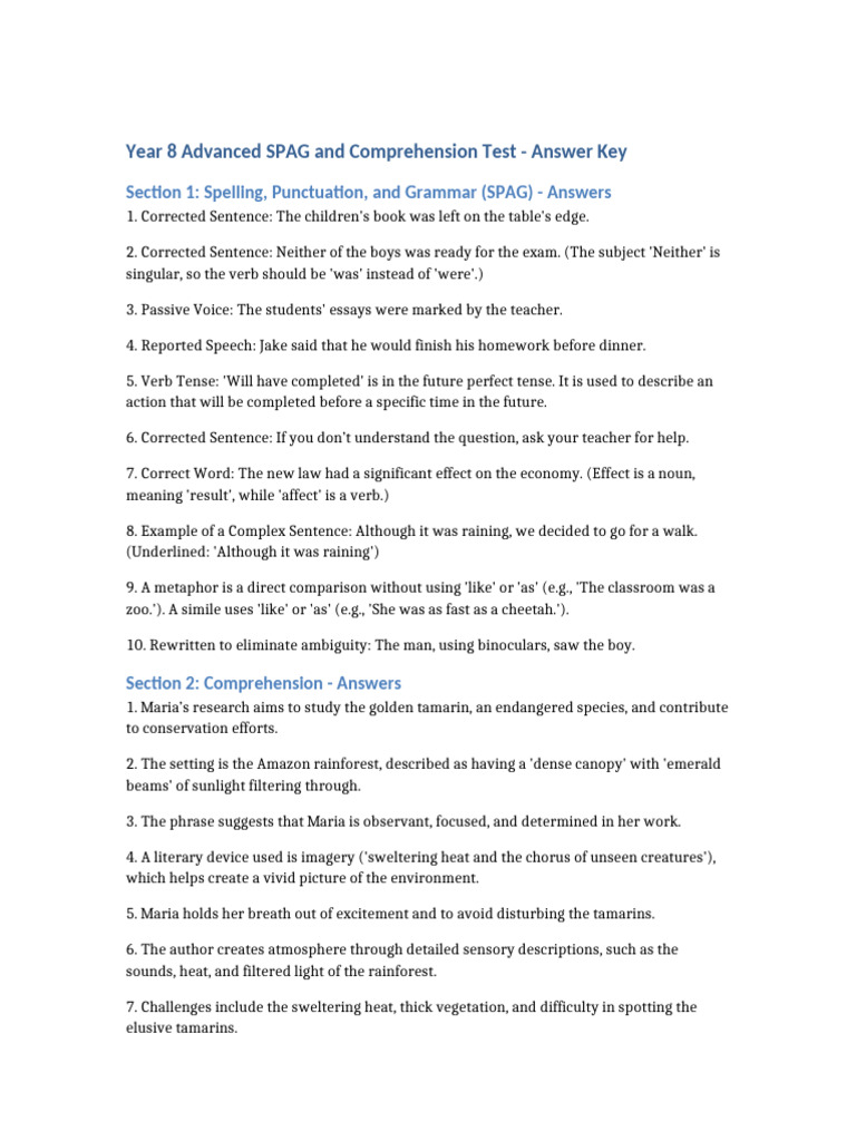 Year 8 Advanced SPAG and Comprehension Answers | PDF | Verb | Linguistics