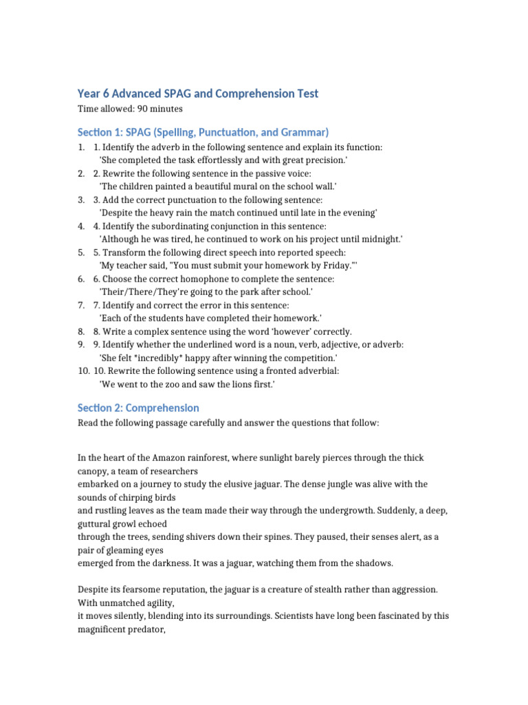 Year_6_SPAG_Comprehension_Test | PDF | Adverb | Linguistics