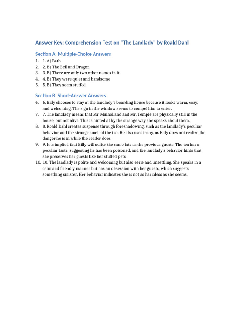 The Landlady Comprehension Test Answers | PDF