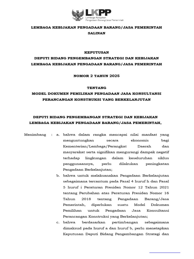 Keputusan Deputi I LKPP No.2 Tahun 2025 - MDP Pengadaan Jasa Konsultansi Perancangan Konstruksi ...