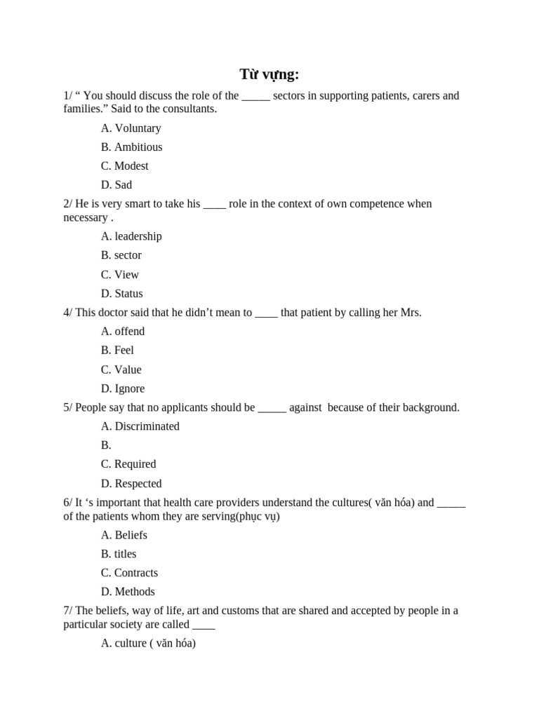 Medical Vocabulary and Terminology Quiz | PDF | Psychiatry | Medicine