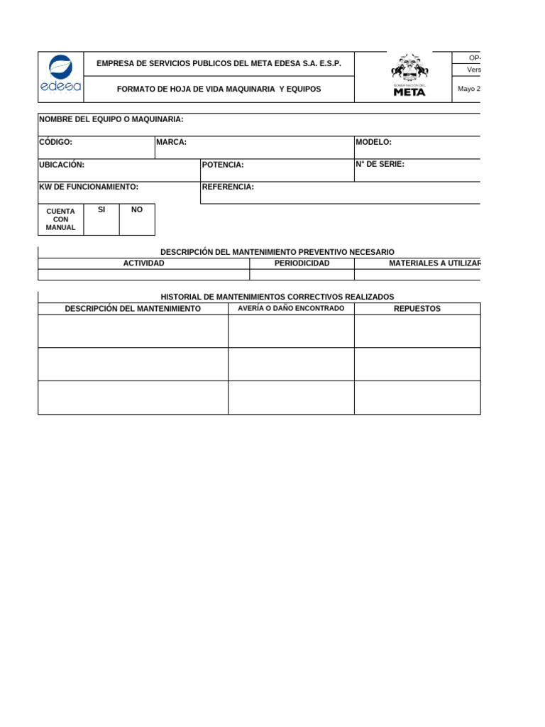 OP FT 20 FORMATO HOJA DE VIDA DE MAQUINARIA Y EQUIPOS - v2 | PDF