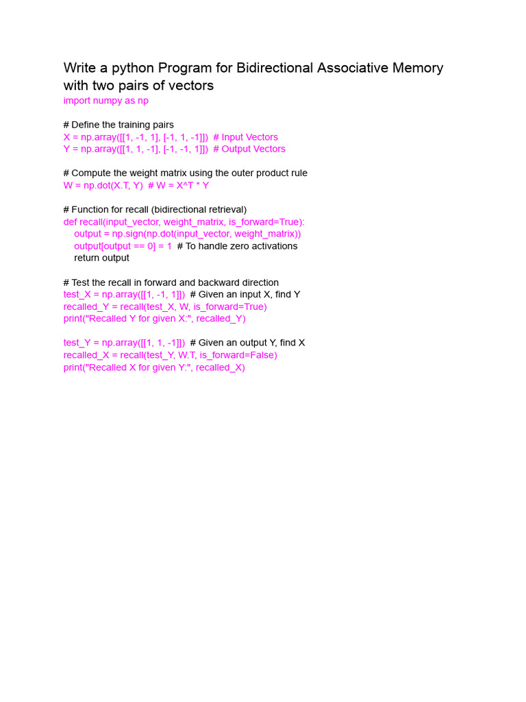 Practical 7.write A Python Program For Bidirectional Associative Memory With Two Pairs of ...