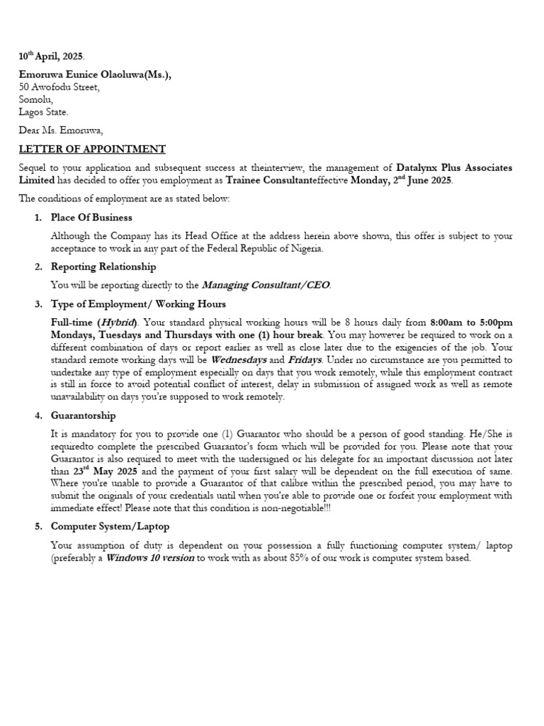 Appointment Letter-Eunice Emoruwa-Revised | PDF | Salary | Employment
