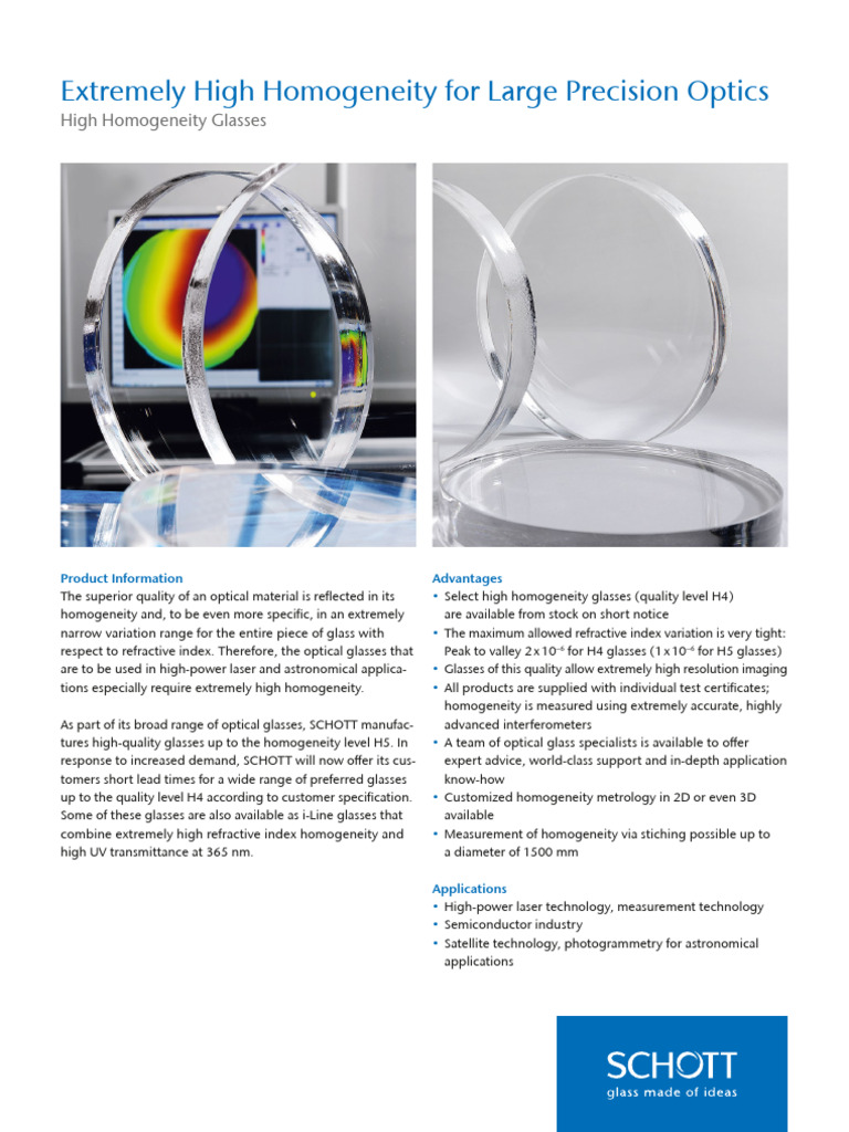 Schott High Homogeneity Glasses Product Flyer en | PDF | Optics | Glasses