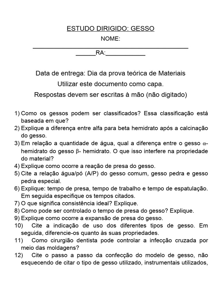 Estudo Dirigido - Gesso | PDF