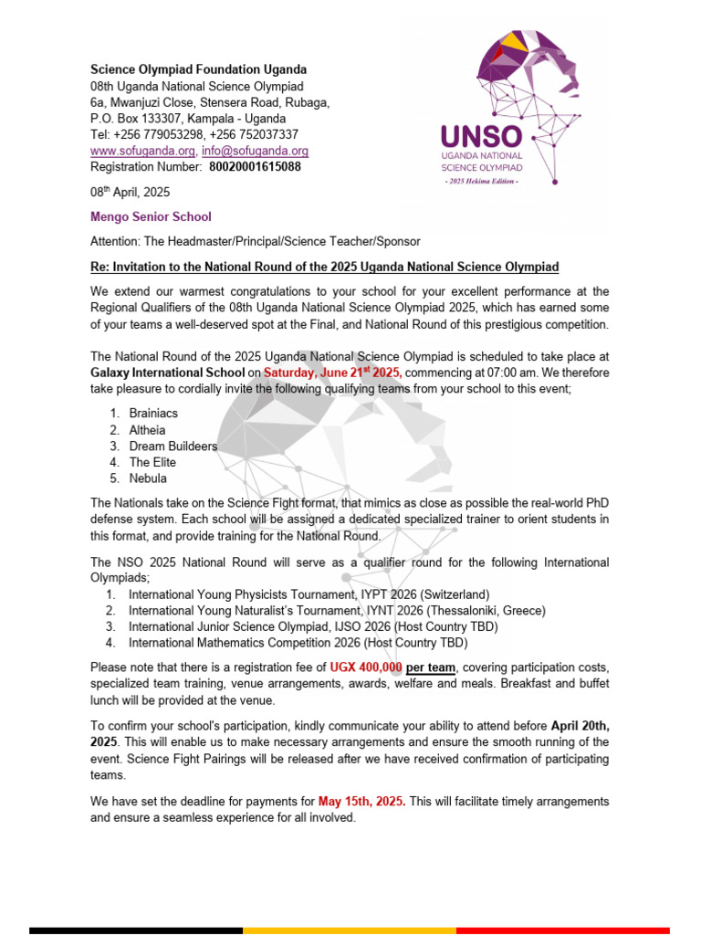 Mengo Senior School: NSO 2025 Invitation | PDF | Science | Water