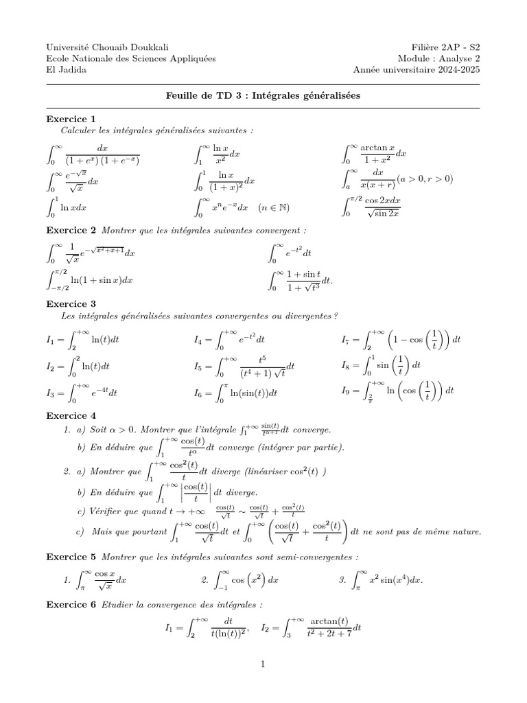 TD3-intégrales Généralisées | PDF | Intégral | Analyse fonctionnelle