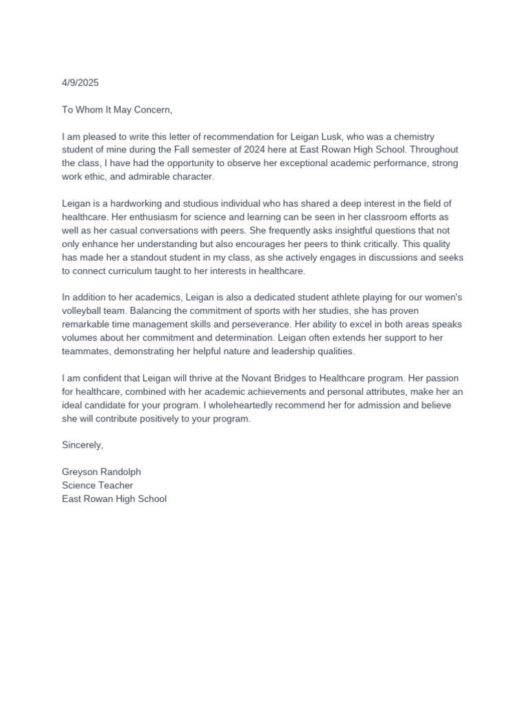 Recommendation Letter - Leigan Lusk | PDF