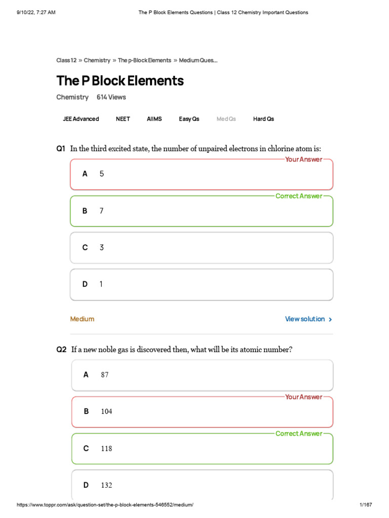 Class 12 P-Block Chemistry Questions | PDF | Ammonia | Argon