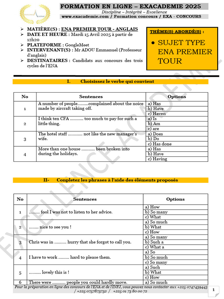 Formation en Ligne - Séance Ena Premier Tour Anglais Du Mardi 15 Avril 2025 | PDF