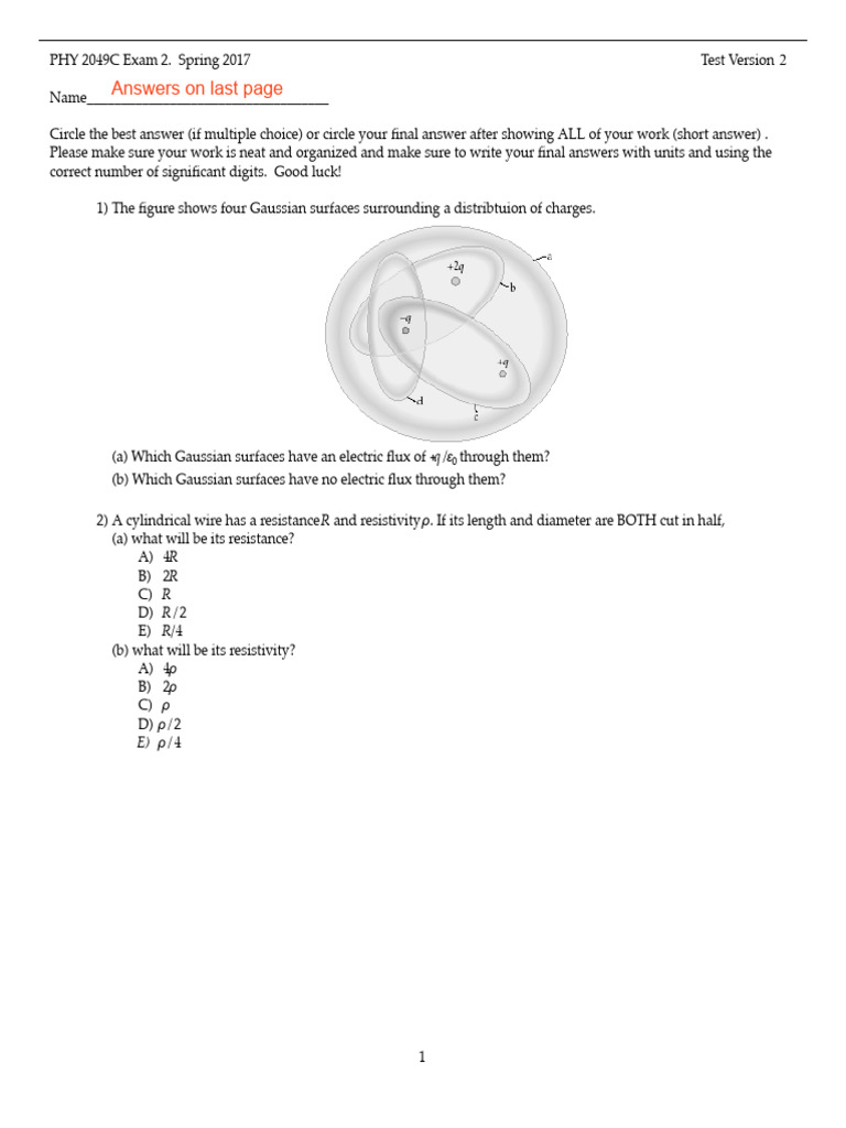 PHY2049PracticeTest2wAnswers 2 PDF | PDF | Sphere | Electrical Network