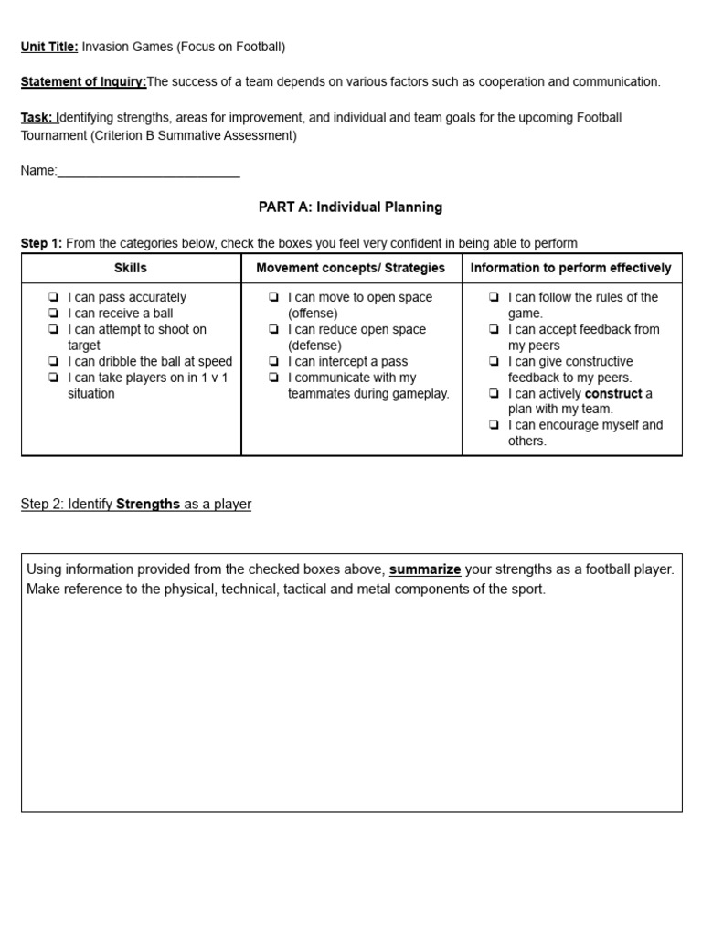 Criterion B Summative Assessment For Invasion Games Grade 6 | PDF ...