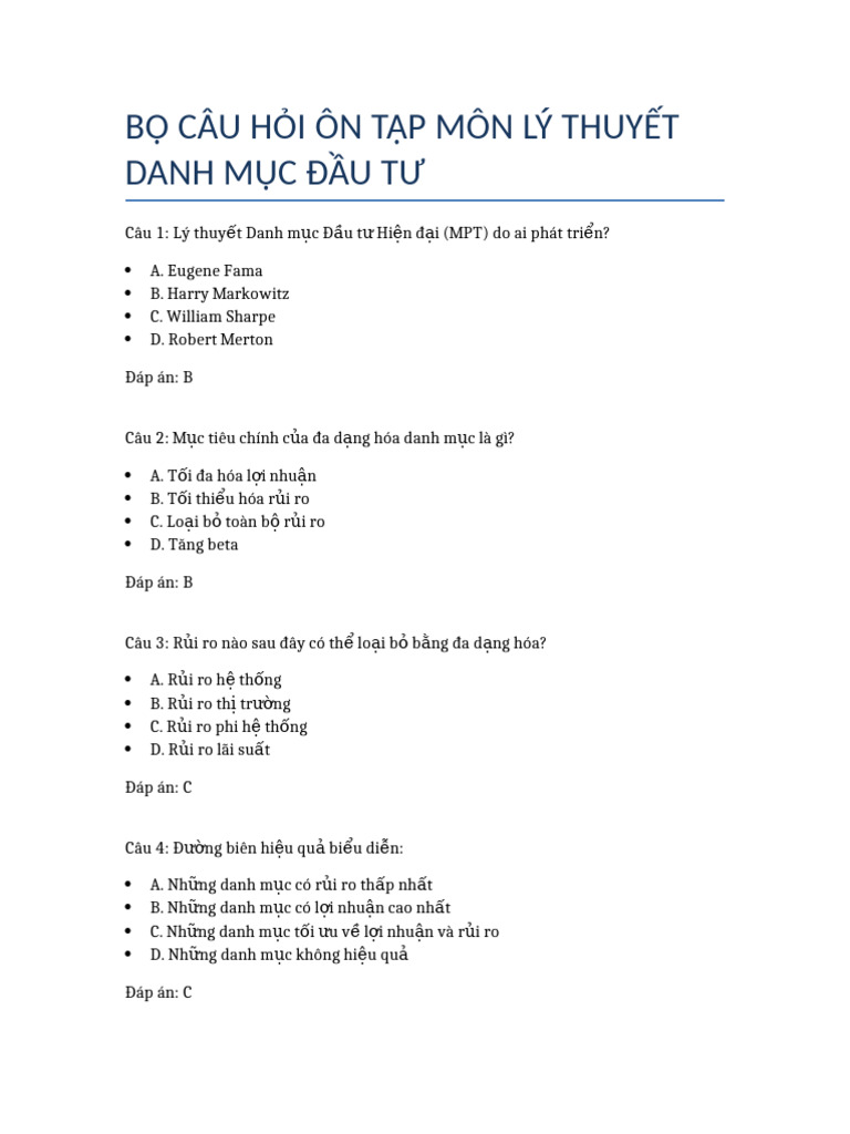 Bo Cau Hoi Ly Thuyet Danh Muc Dau Tu | PDF