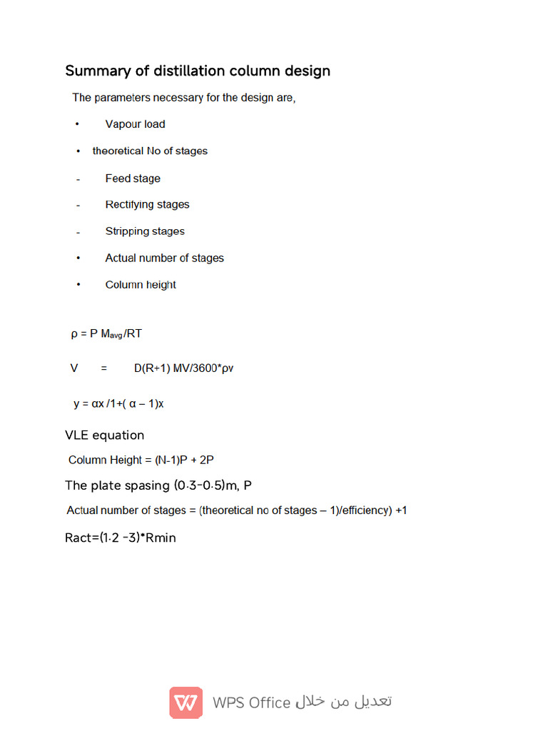 Summary of Distillation Column Design and Example | PDF