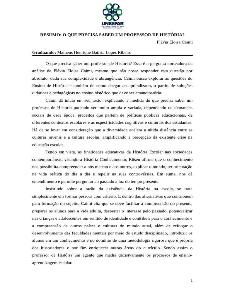 O Que Precisa Saber Um Professor de História - Matheus Henrique | PDF | Aprendizado | Pensamento