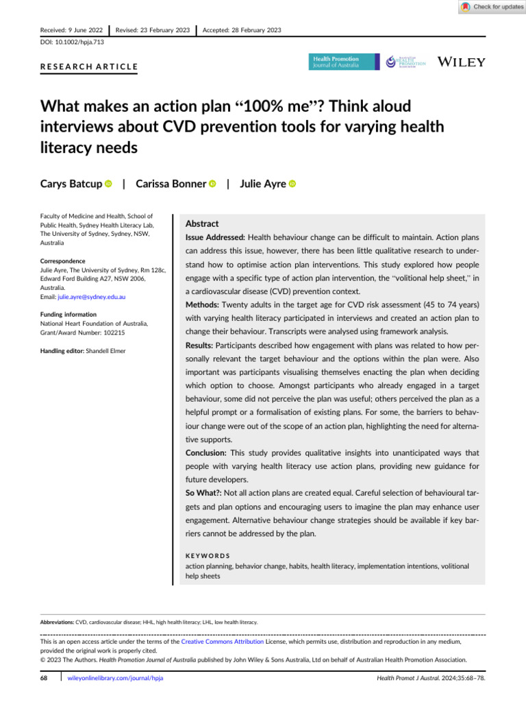 Health Prom J of Aust - 2023 - Batcup - What Makes An Action Plan 100 ...
