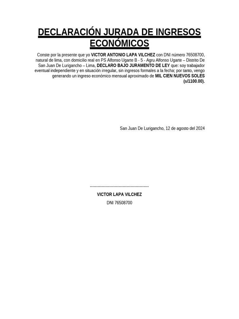 Declaración Jurada de Ingresos Económicos | PDF