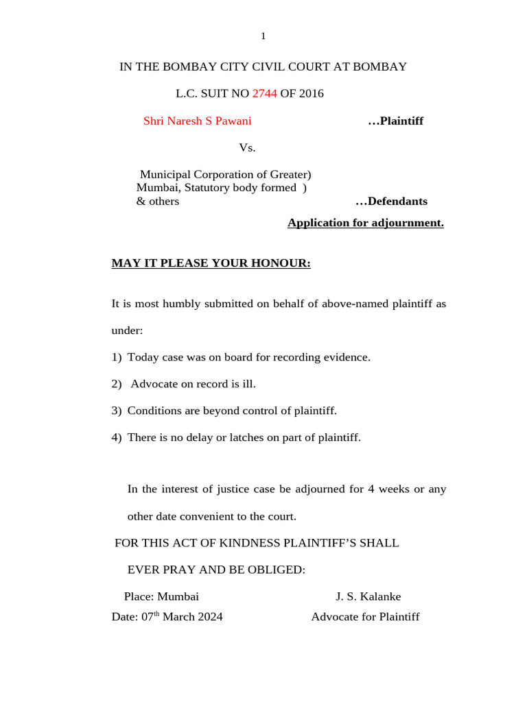 Adjournment Application for L.C. Suit 2744 | PDF