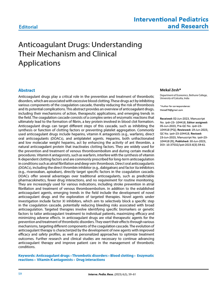 Anticoagulant Drugs: Mechanisms & Uses | PDF | Thrombosis | Thrombus